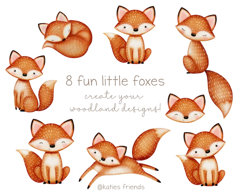 Woodland Fox Clipart, Watercolor Foxes, Hand Painted Fox Art, Cute Fox ...