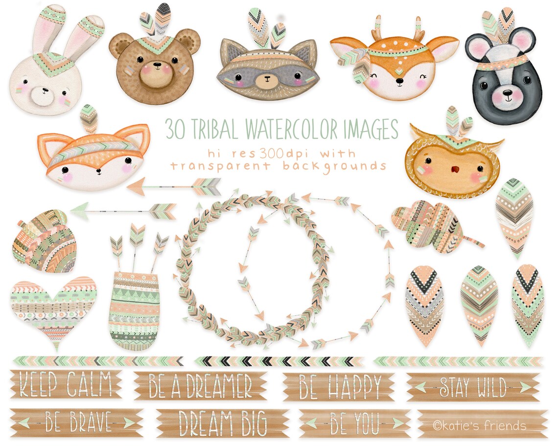 Woodland Animal Faces Clipart Watercolor Animal Faces Boho - Etsy
