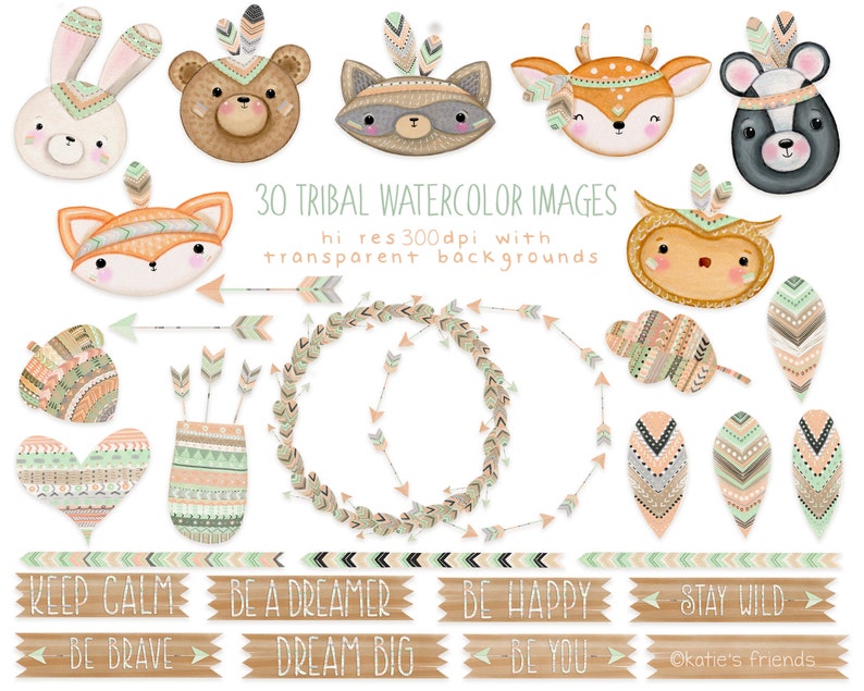 Woodland Animal Faces Clipart Watercolor Animal Faces Boho - Etsy