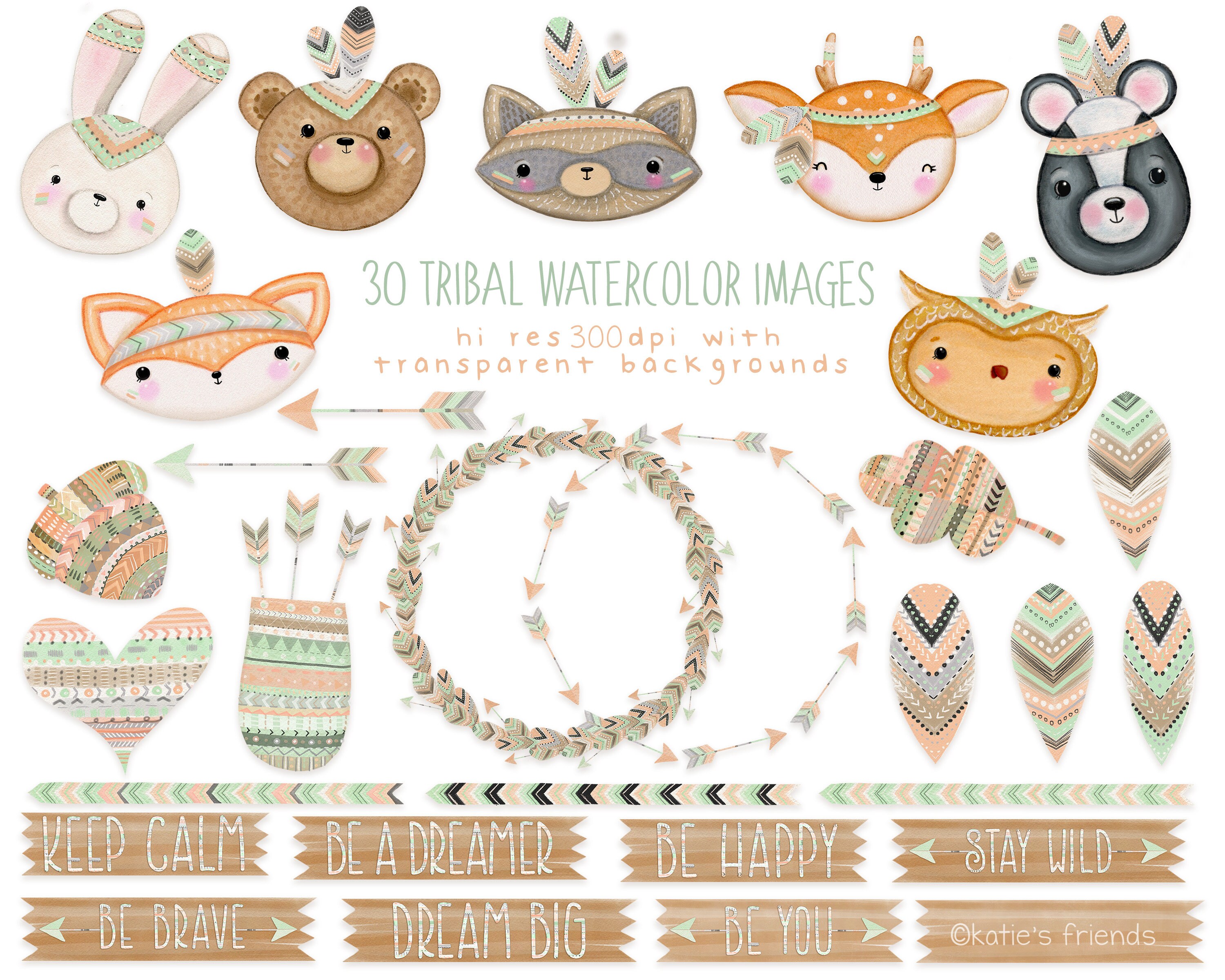 Woodland Animal Faces Clipart Watercolor Animal Faces Boho - Etsy