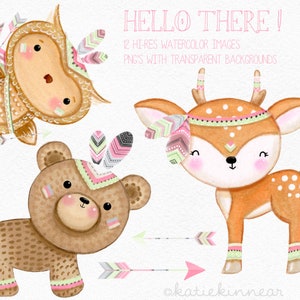 Woodland Animals Tribal Clipart, Watercolor Forest Animals Graphics for ...