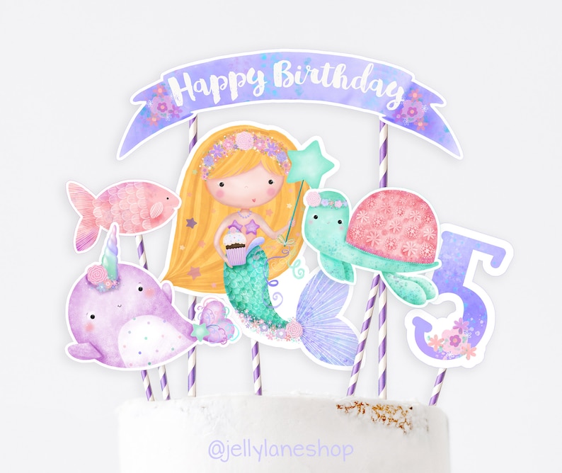 Topper de pastel de sirena imprimible, cumpleaños bajo el mar, topper ...