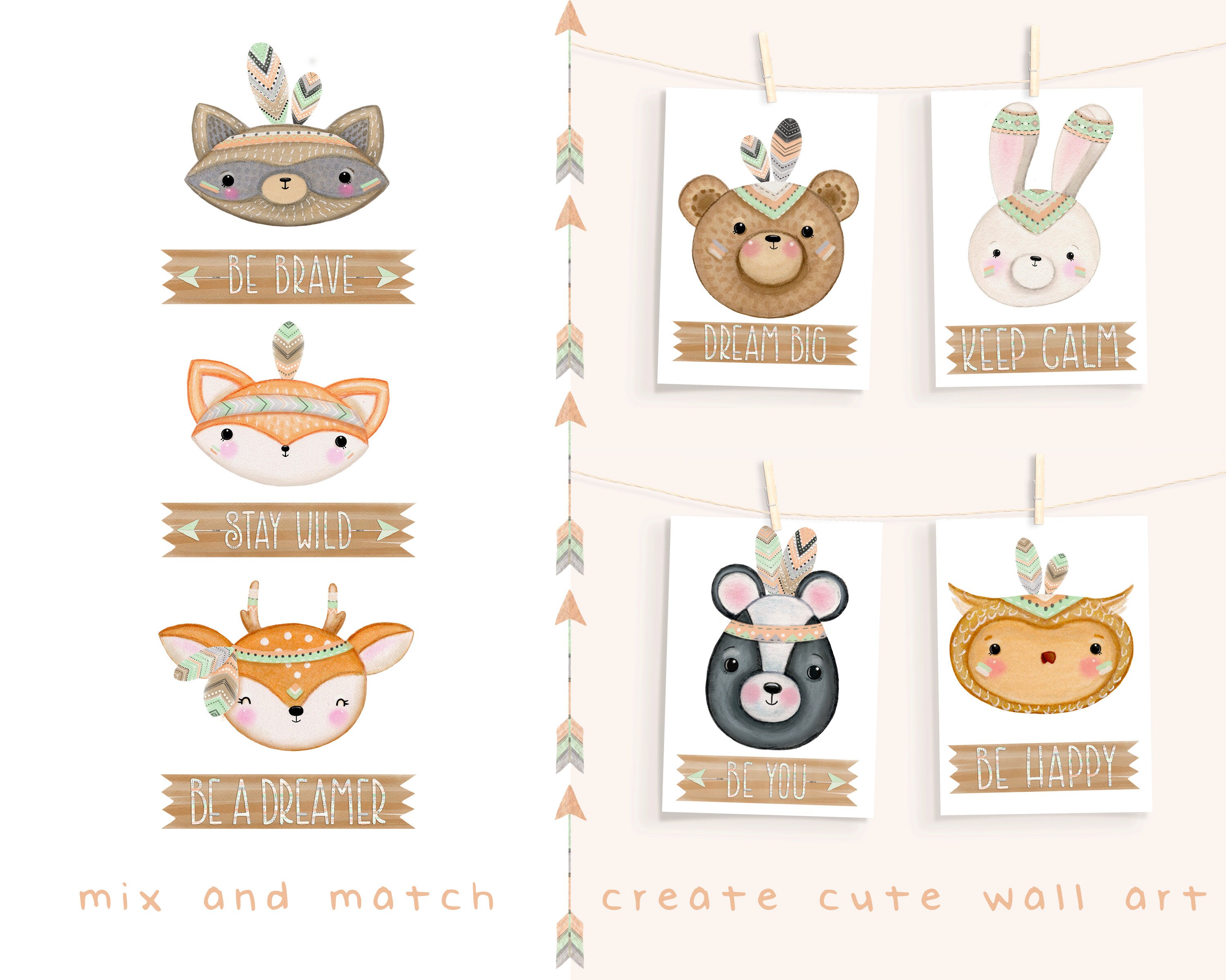 Woodland Animal Faces Clipart Watercolor Animal Faces Boho - Etsy
