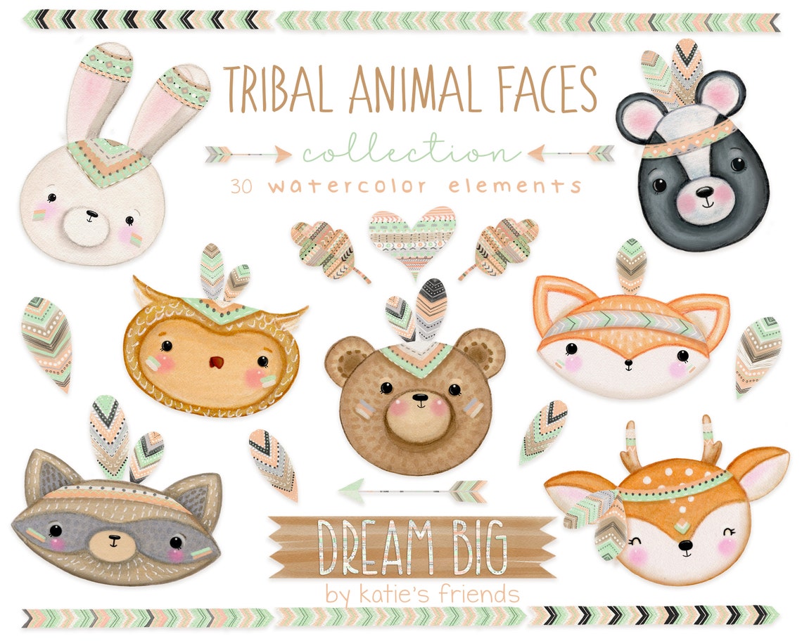 Woodland Animal Faces Clipart Watercolor Animal Faces Boho - Etsy