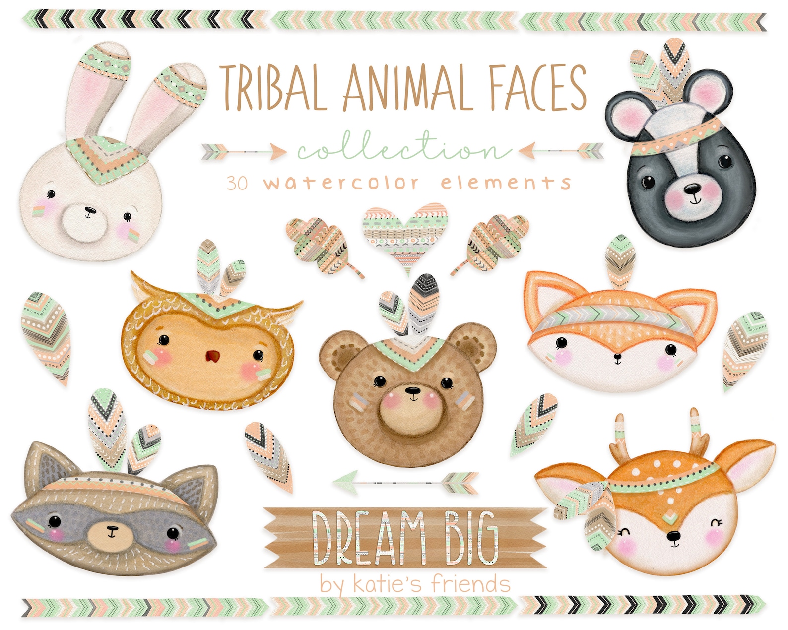 Woodland Animal Faces Clipart, Watercolor Animal Faces, Boho Nursery ...