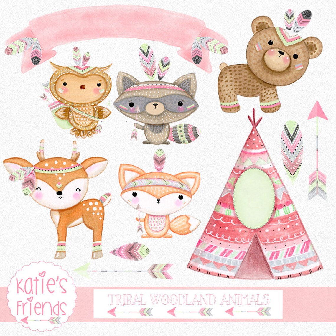 Woodland Animals Tribal Clipart Watercolor Forest Animals | Etsy