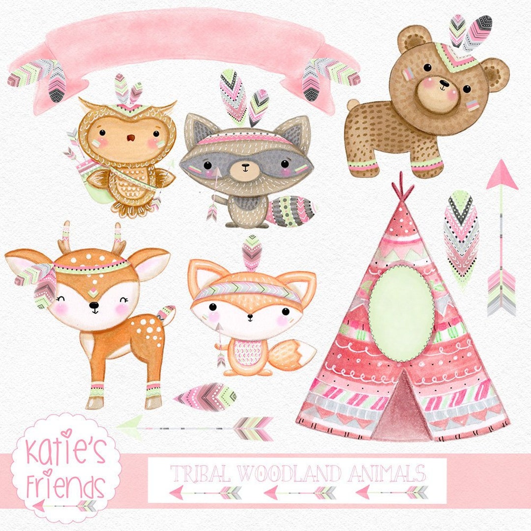 Woodland Animals Tribal Clipart, Watercolor Forest Animals Graphics for ...