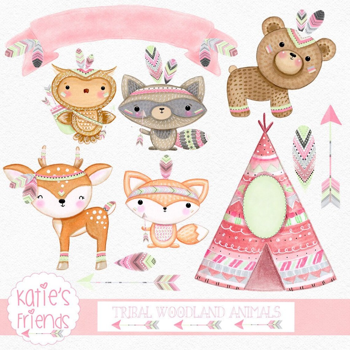 Woodland Animals Tribal Clipart Watercolor Forest Animals | Etsy