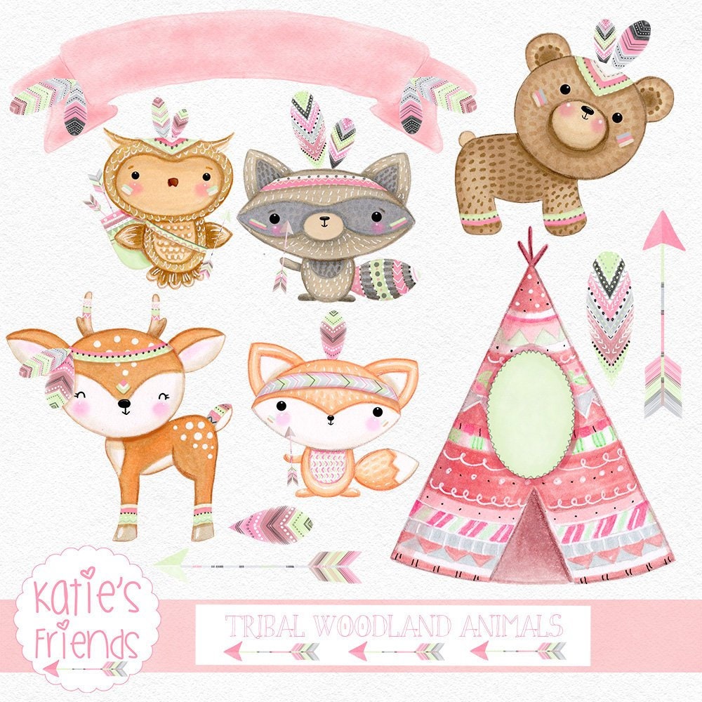 Woodland Animals Tribal Clipart, Watercolor Forest Animals Graphics for ...