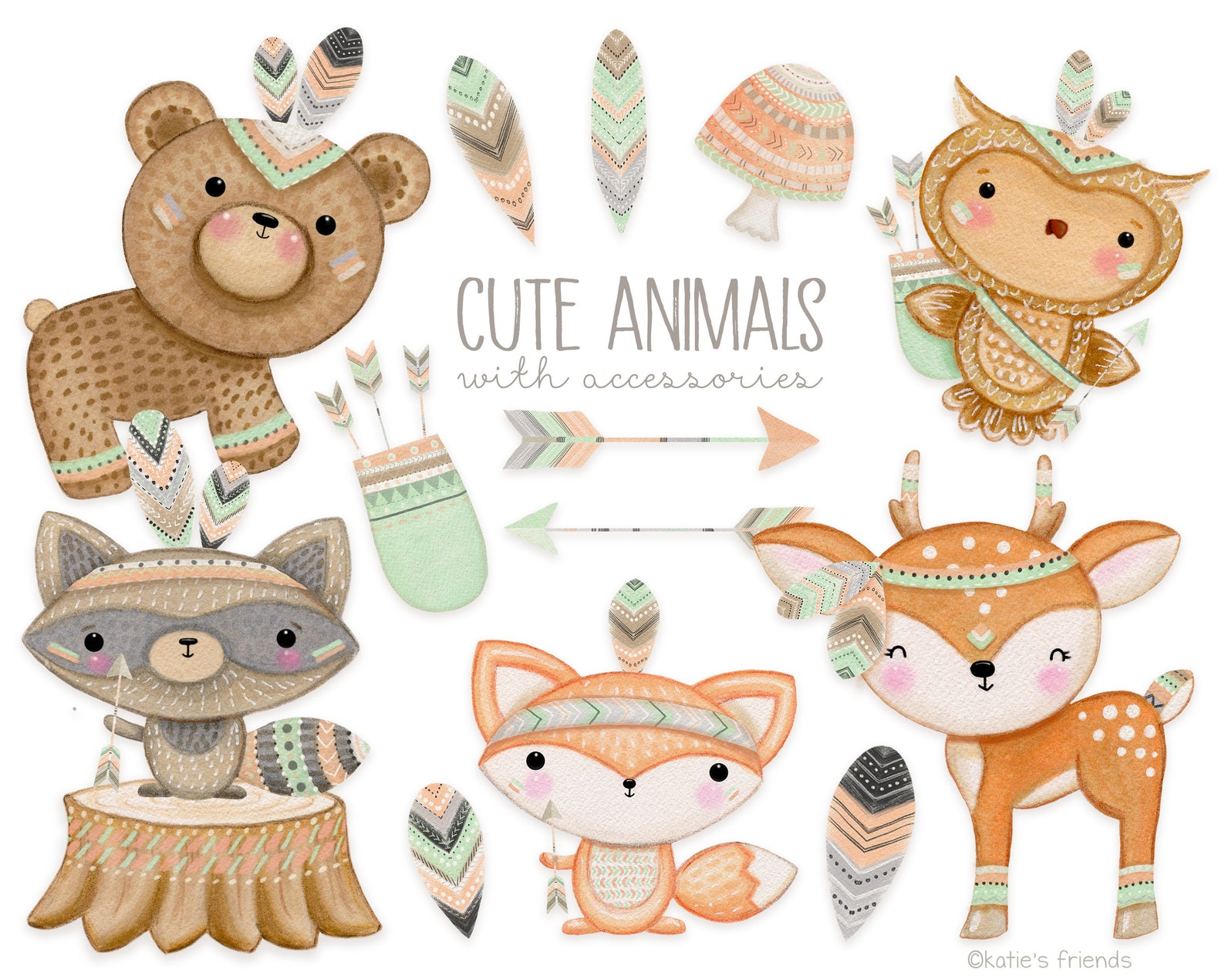 Woodland Tribal Animals Clipart, Watercolor Forest Animal Graphics ...