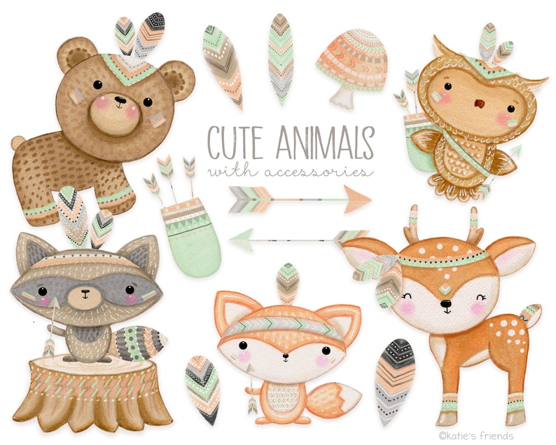 Woodland Tribal Animals Clipart Watercolor Forest Animal - Etsy