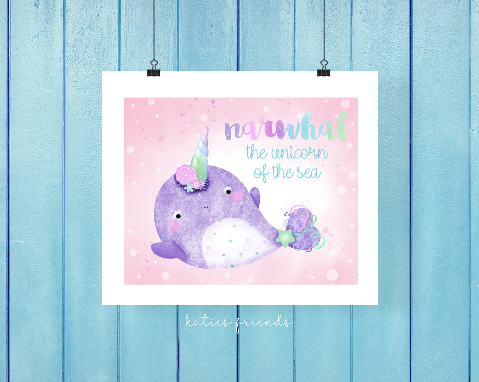 Rainbow Narwhal Clipart, Cute Narwhal Illustrations, Watercolor Sea ...
