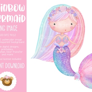 Rainbow Mermaid PNG, Pastel Mermaid Clipart, Watercolor Mermaid ...