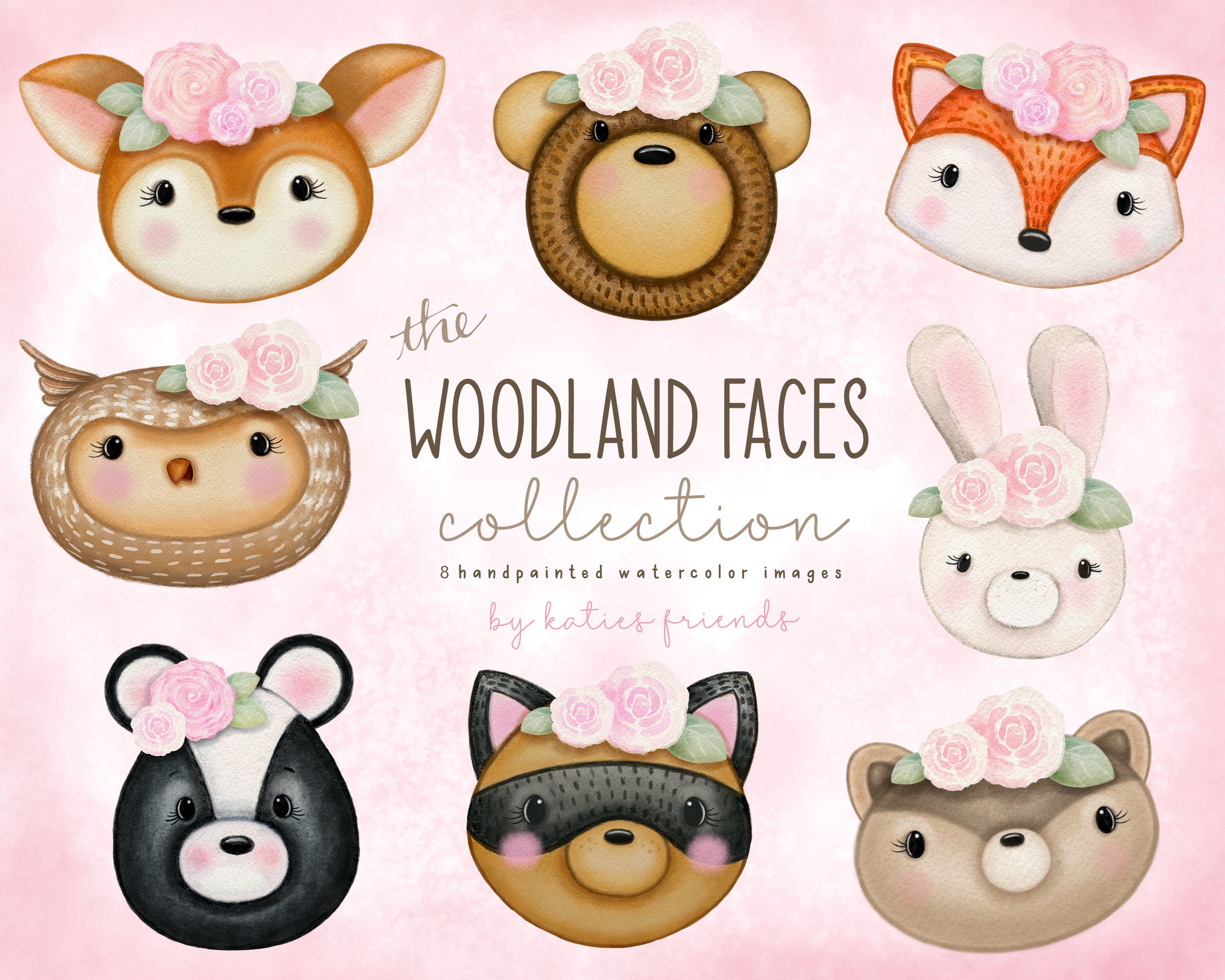 Woodland Animals Faces Clipart, Girl Forest Animals, Watercolor ...