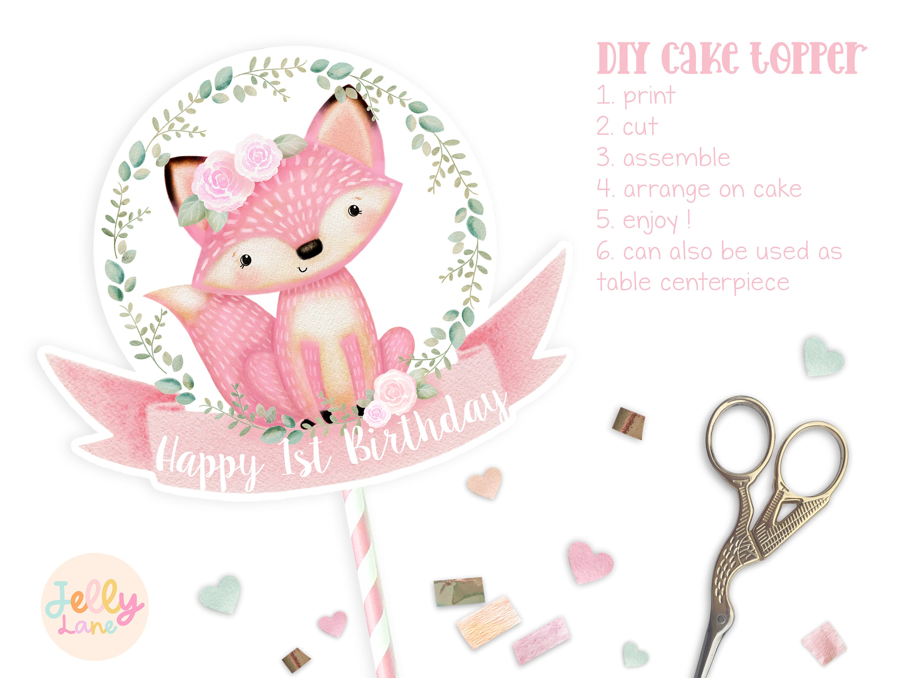 Printable Pink Fox Cake Topper, Baby's 1st, Woodland Birthday Topper ...