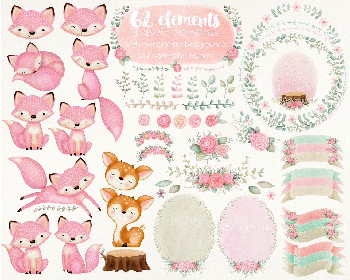 Pink Fox Clipart, Woodland Fox, Girly Fox Clipart, Girl Baby Shower ...