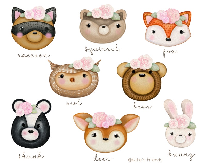 Woodland Animals Faces Clipart, Girl Forest Animals, Watercolor ...