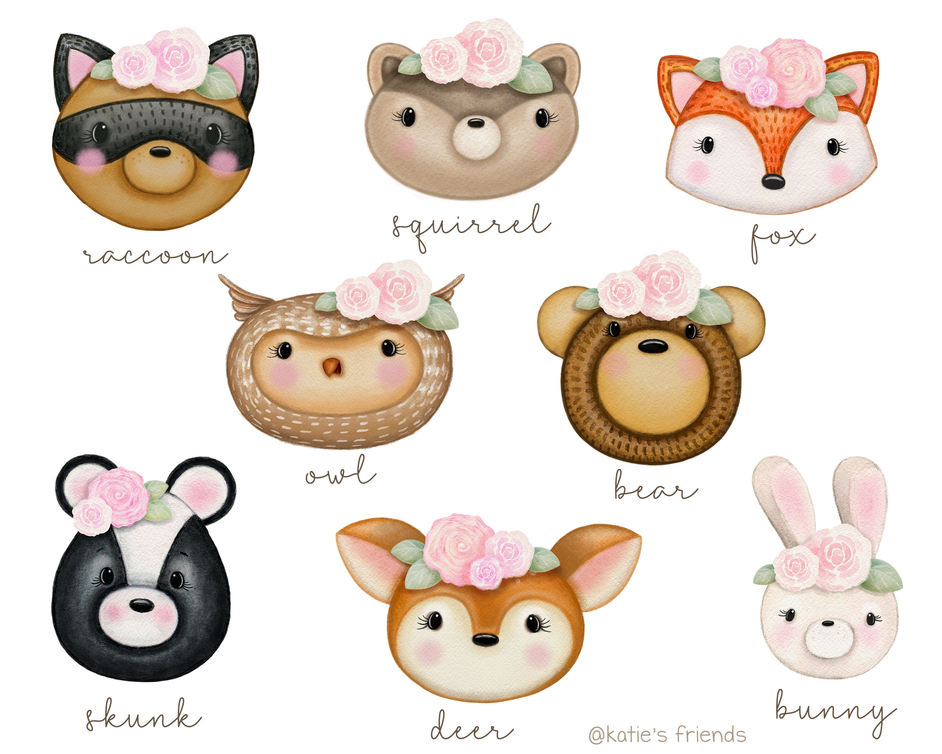 Woodland Animals Faces Clipart, Girl Forest Animals, Watercolor ...