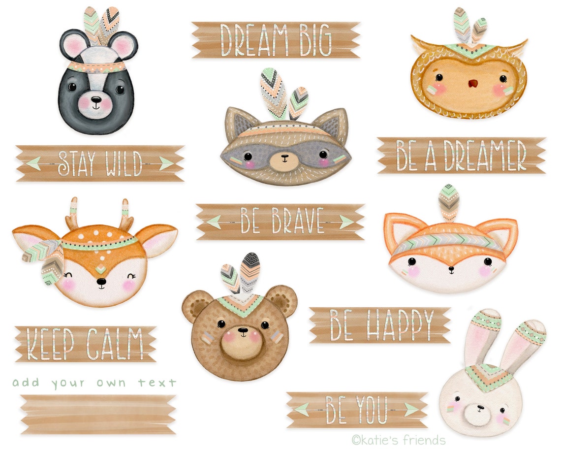 Woodland Animal Faces Clipart Watercolor Animal Faces Boho - Etsy