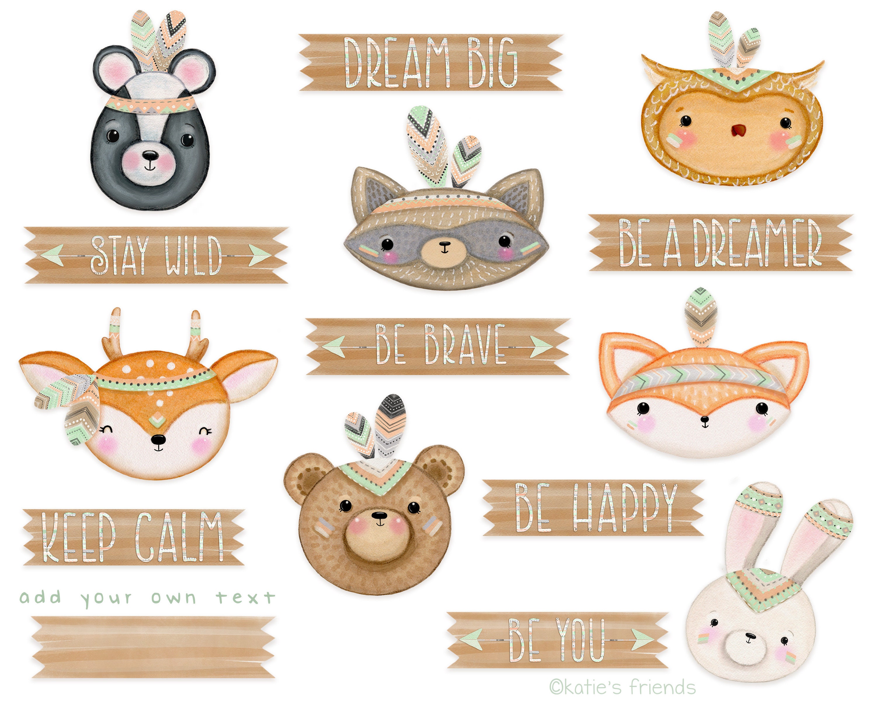 Woodland Animal Faces Clipart Watercolor Animal Faces Boho - Etsy