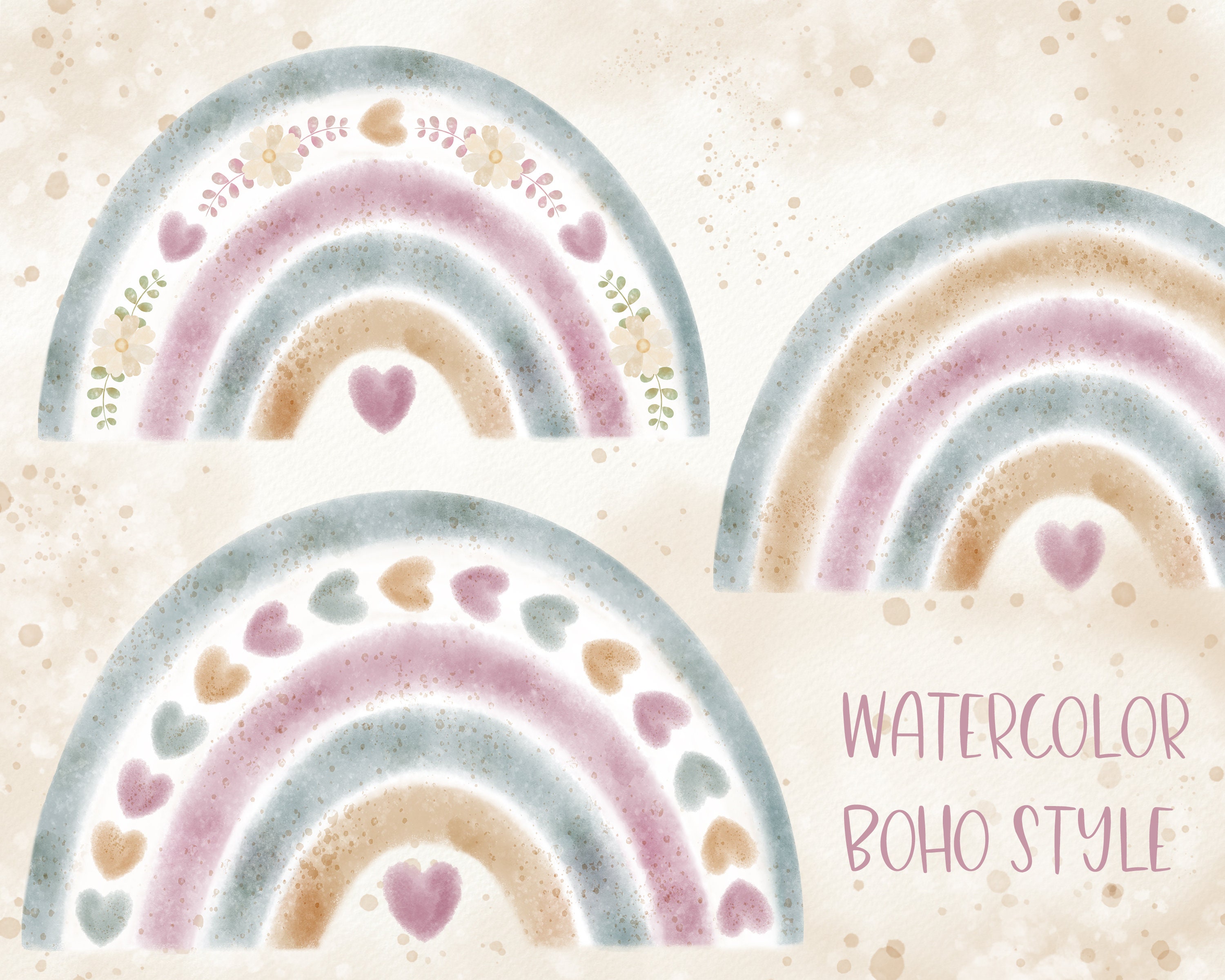 Watercolor Boho Floral Rainbow Clipart Set Natural Colors - Etsy