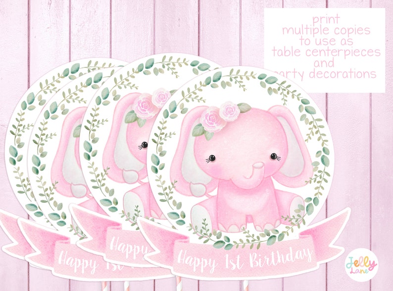 Printable Pink Elephant Cake Topper Safari Birthday for Girl - Etsy