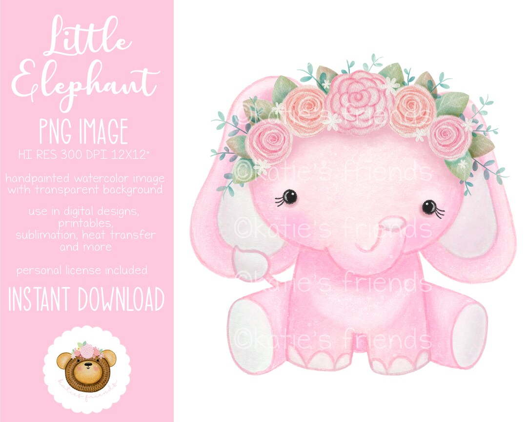 Pink Elephant PNG, Baby Elephant Sublimation Design, Watercolor ...