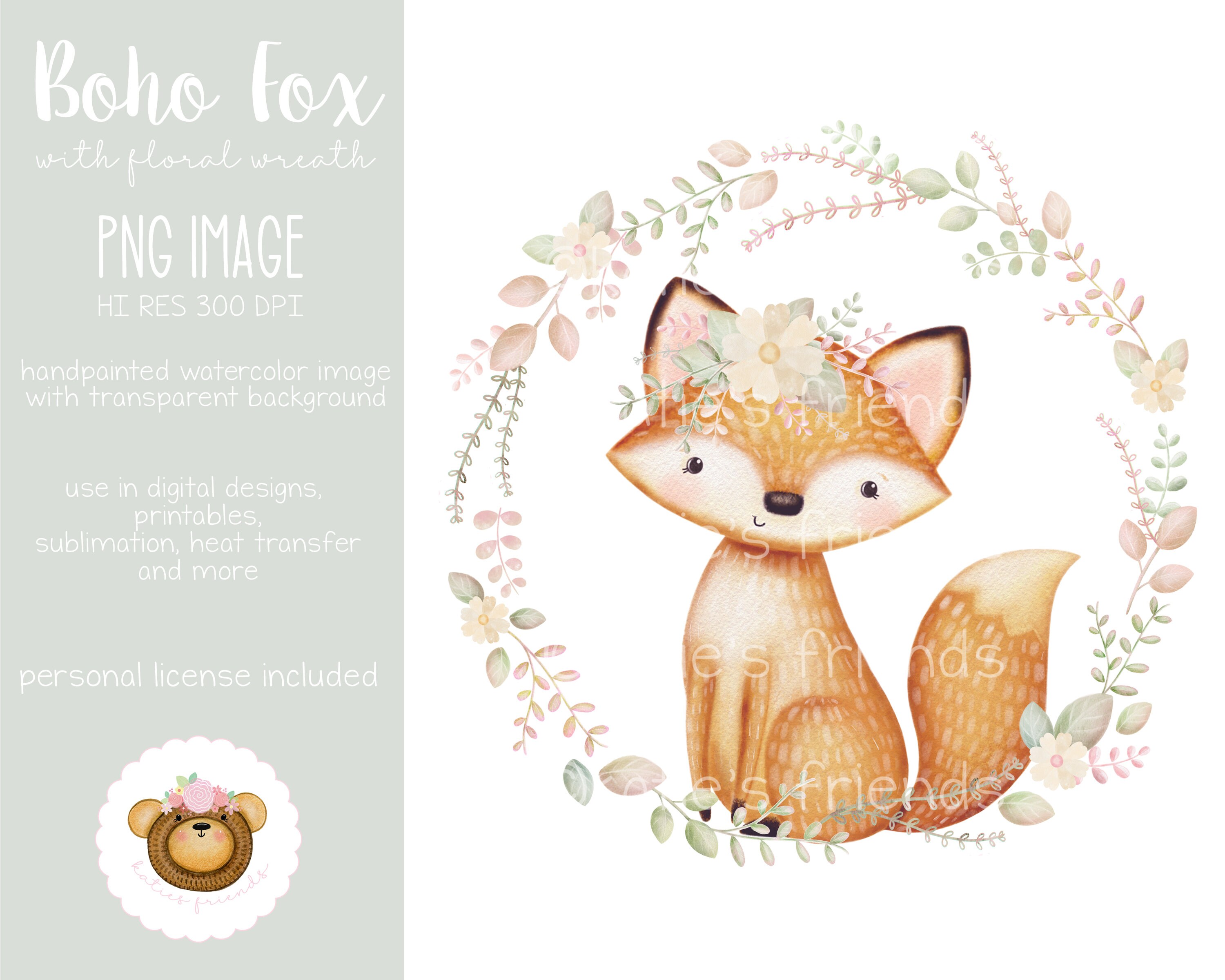 Boho Fox PNG Floral Fox Sublimation Design Watercolor Style - Etsy