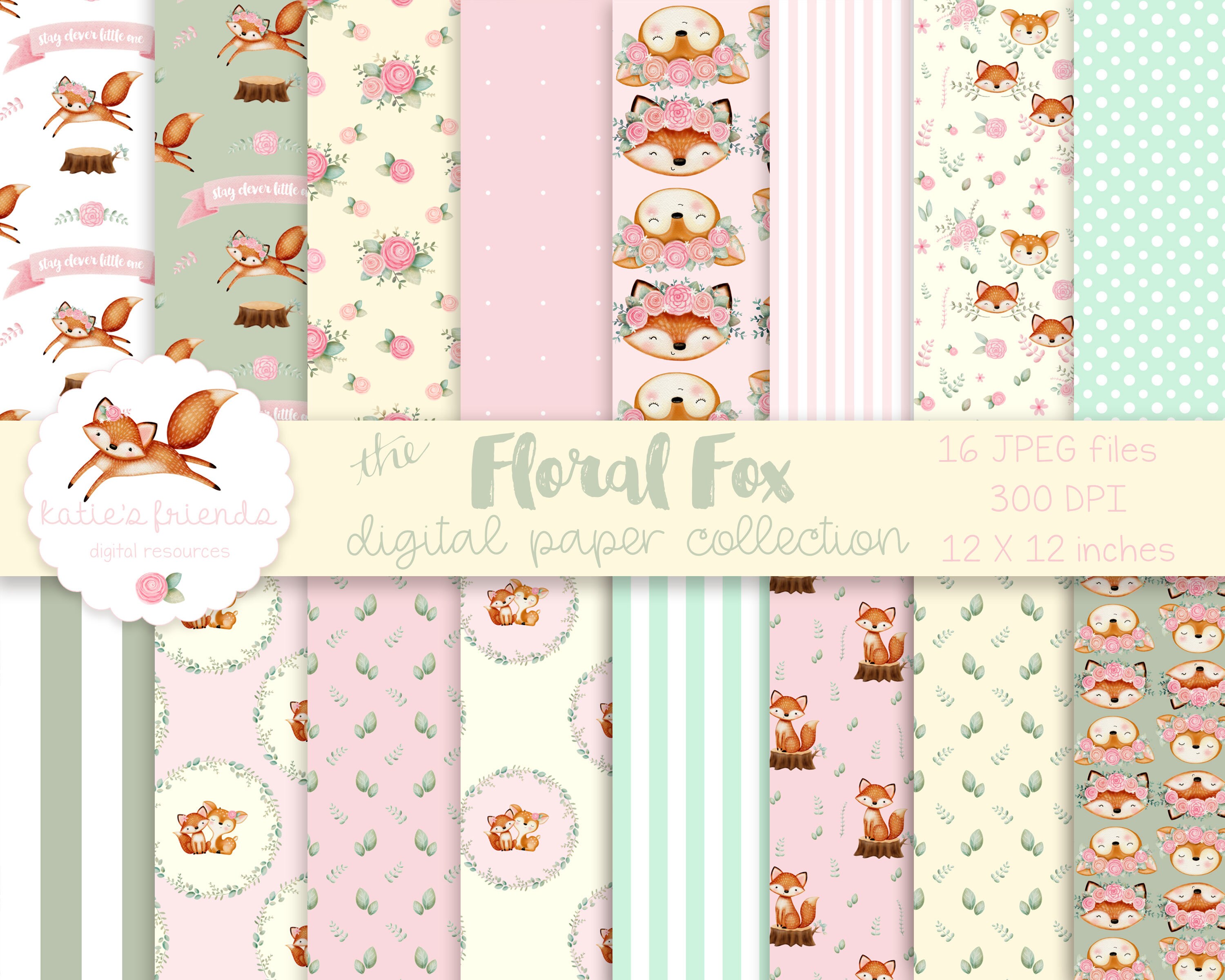 Woodland Scrapbook Paper Set, Fox Paper, Floral Paper, Watercolor ...