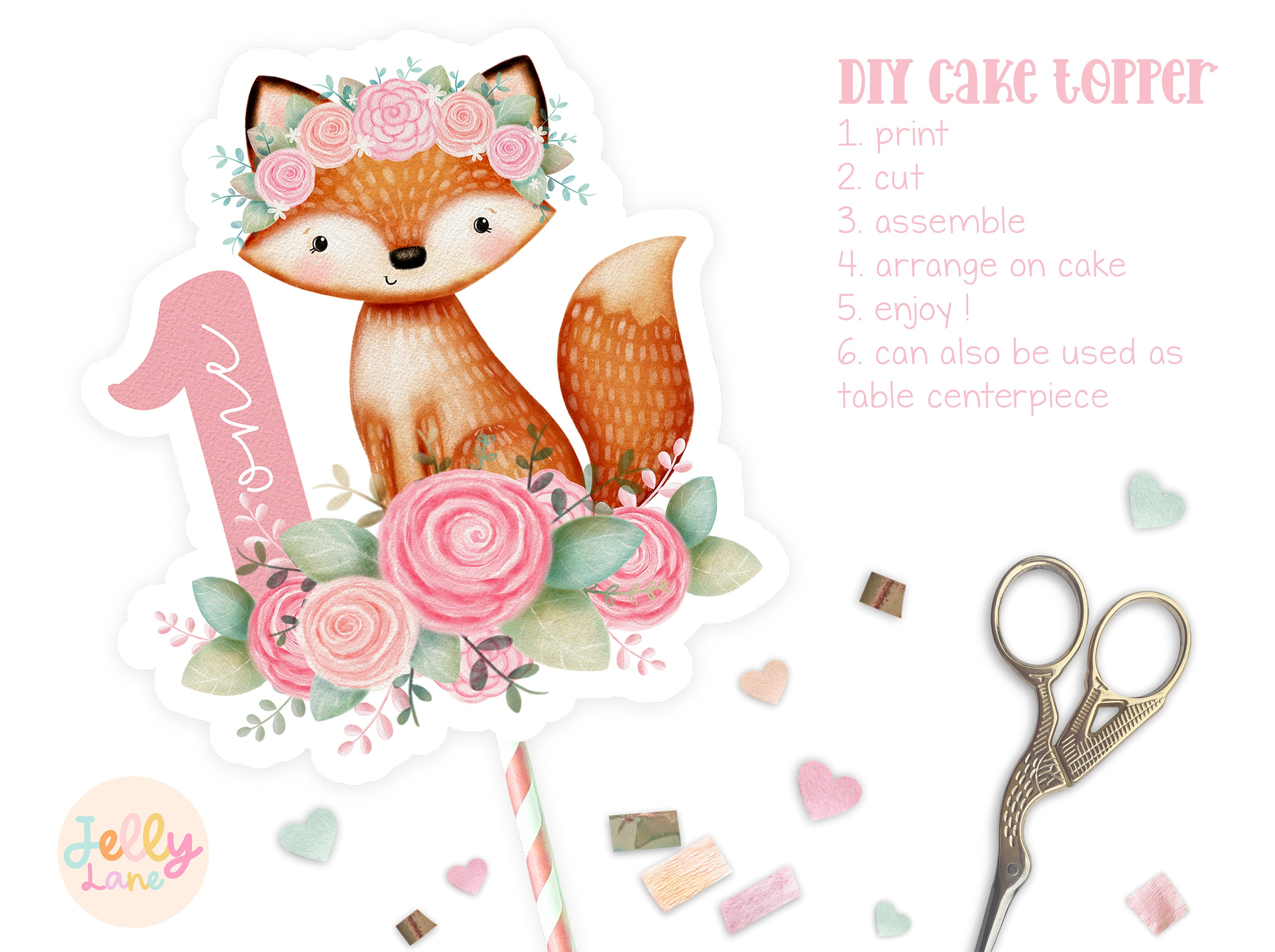 Printable Fox Cake Topper, Baby's 1st, Woodland Birthday Topper for ...