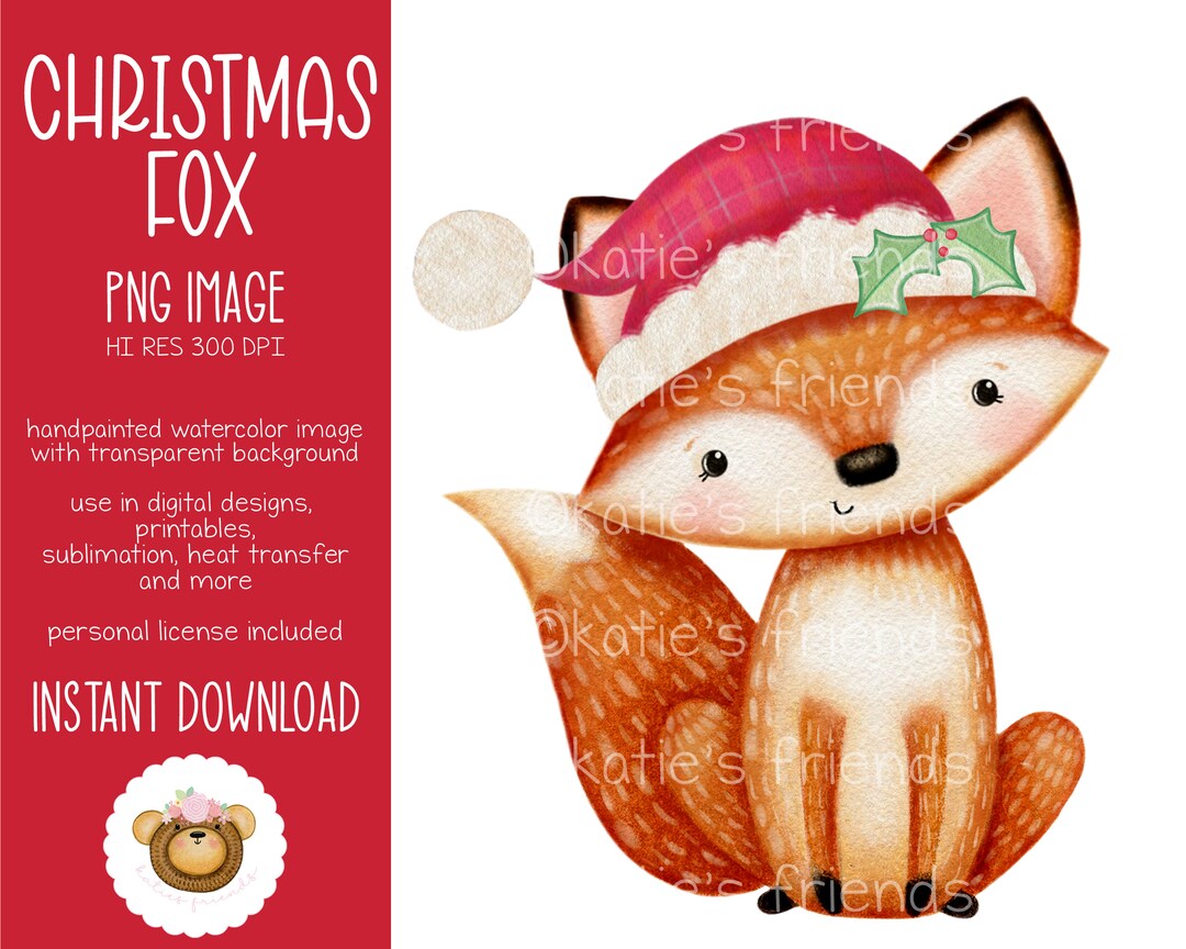 Christmas Fox PNG, Santa Fox Sublimation Design, Watercolor Fox Clipart ...