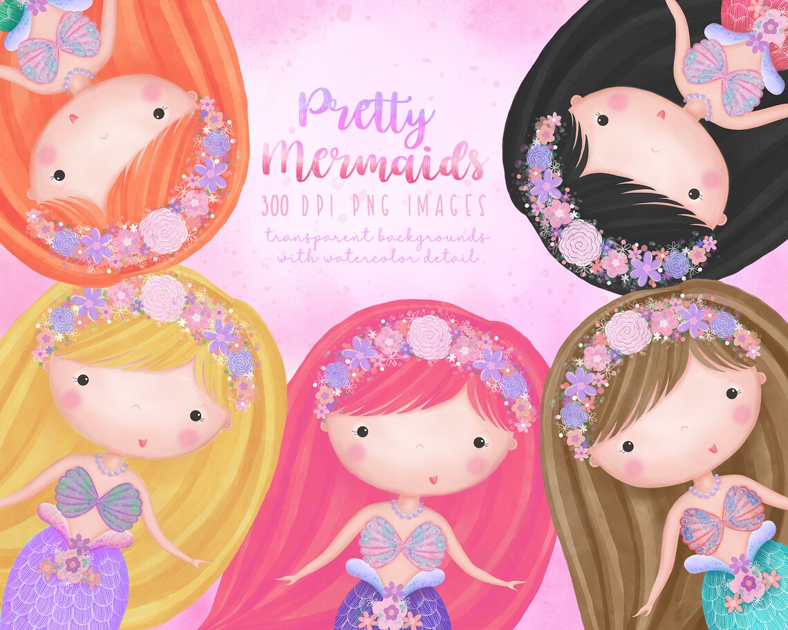 Watercolor Mermaid Clipart Summer Clipart Set Watercolor - Etsy