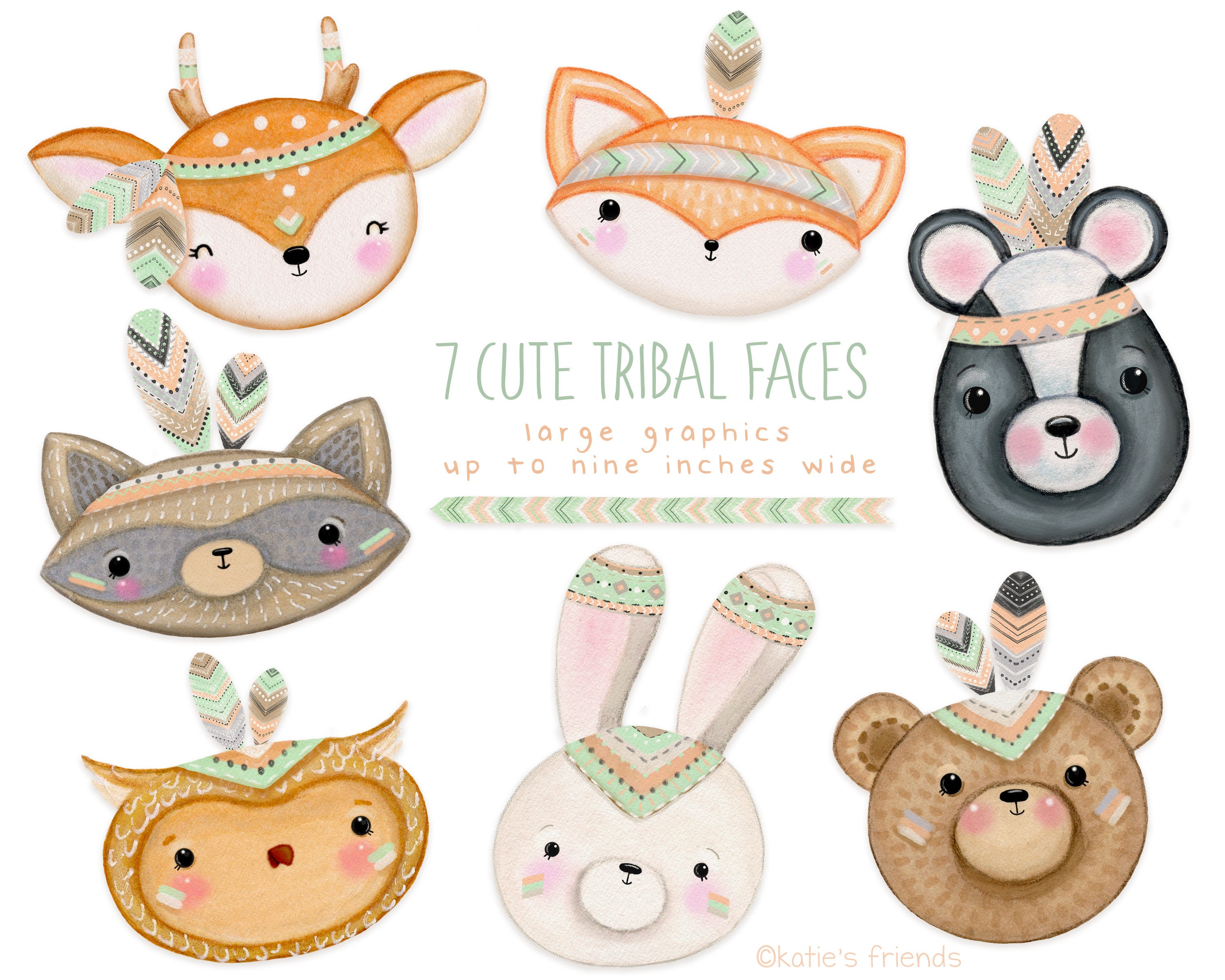 Woodland Animal Faces Clipart Watercolor Animal Faces Boho - Etsy