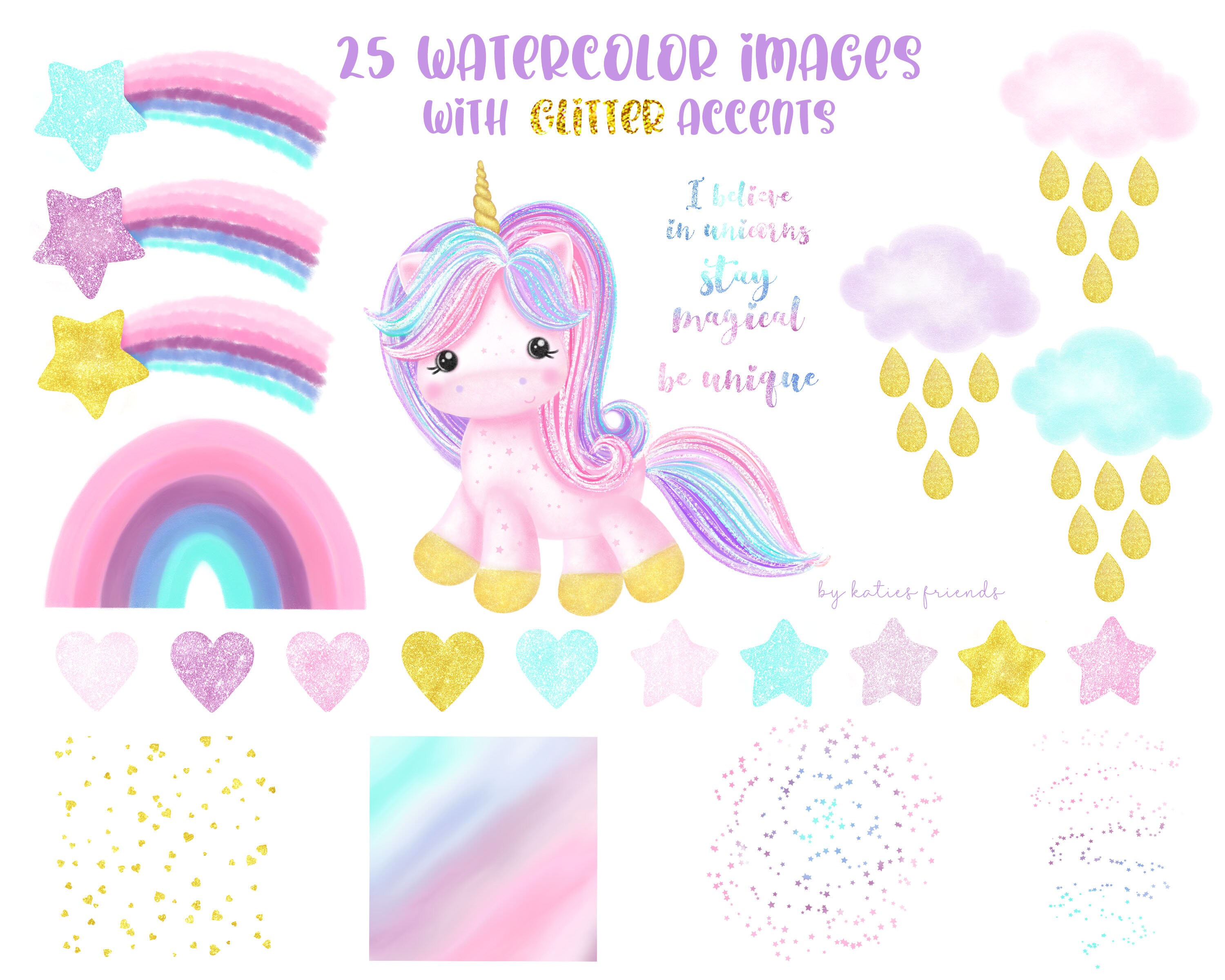 Rainbow Unicorn Clipart, Watercolor Unicorns and Rainbows, Magical ...