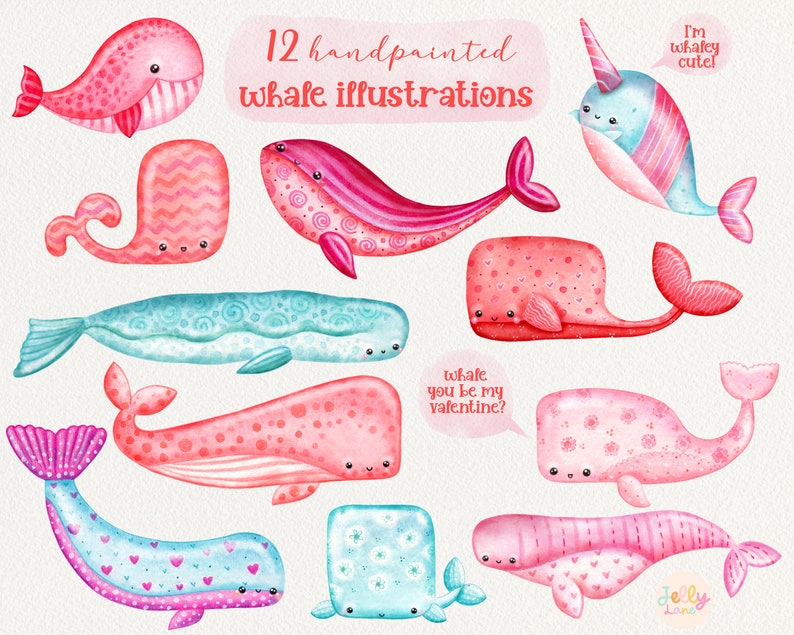 Watercolor Whale Clipart, Valentine Whales Clipart, Printable Whale PNG ...