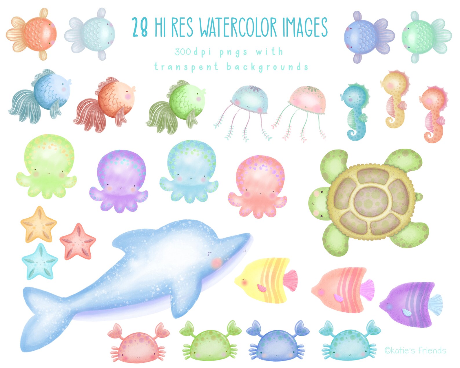 Sea Creatures Clipart, Watercolor Sea Animals, Under the Sea Theme ...