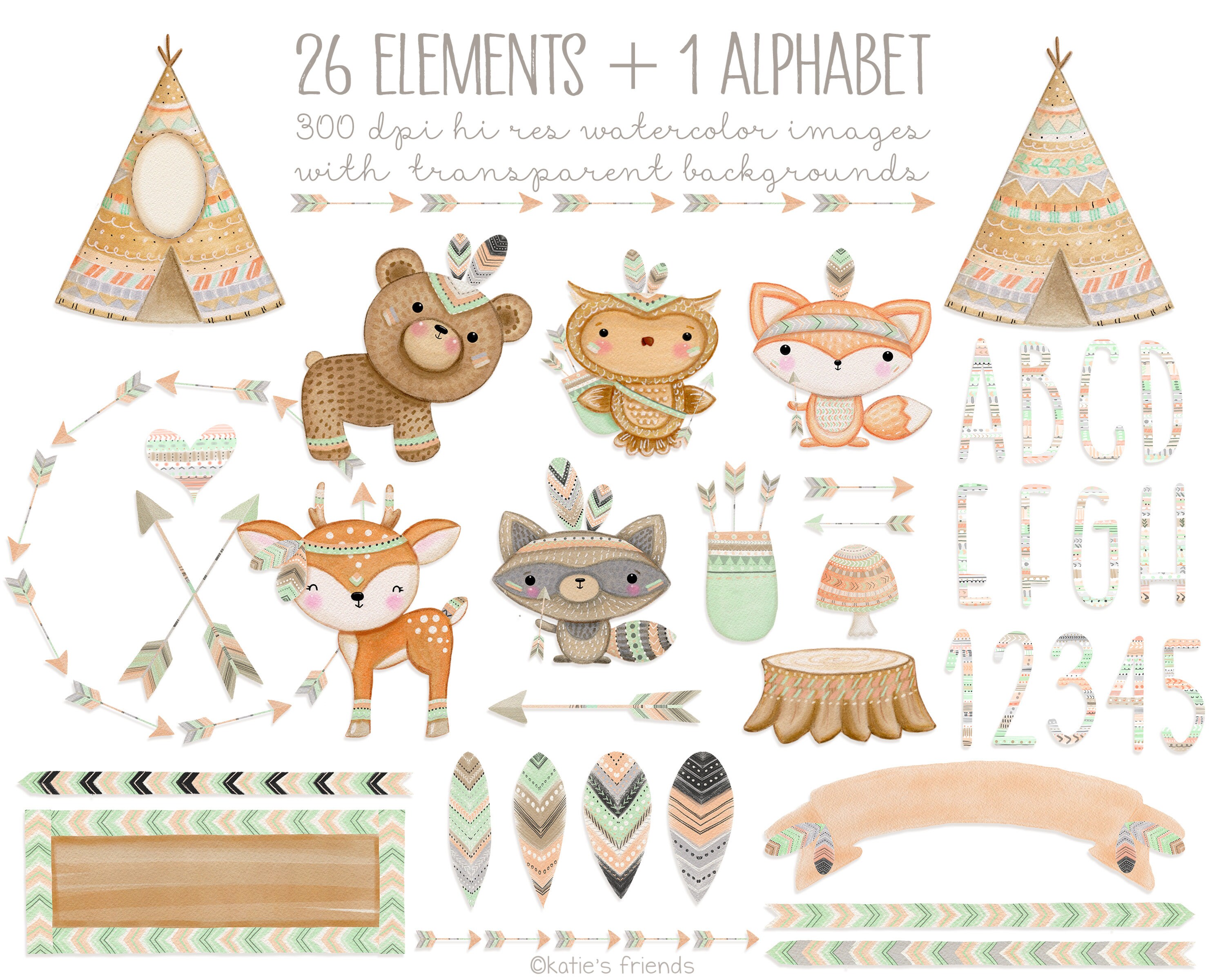 Woodland Tribal Animals Clipart, Watercolor Forest Animal Graphics ...