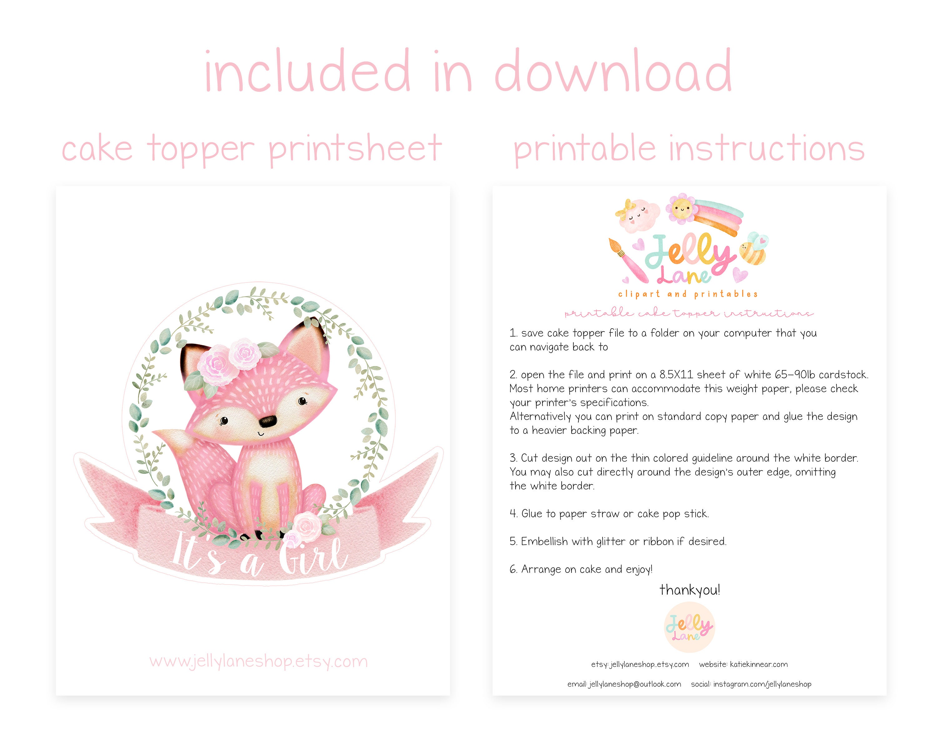 Printable Fox Cake Topper for Baby Shower It's A Girl - Etsy