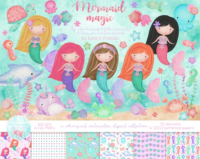 Mermaid Clipart Under the Sea Clipart Set Watercolor - Etsy