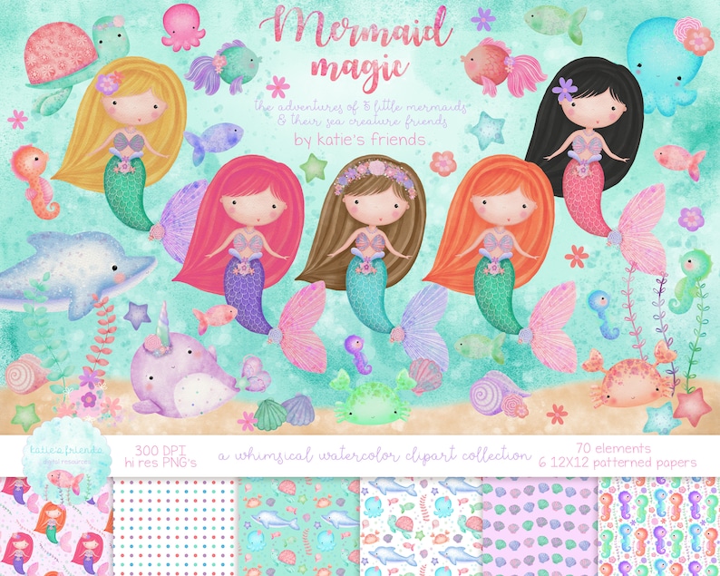 Mermaid Clipart Under the Sea Clipart Set Watercolor - Etsy