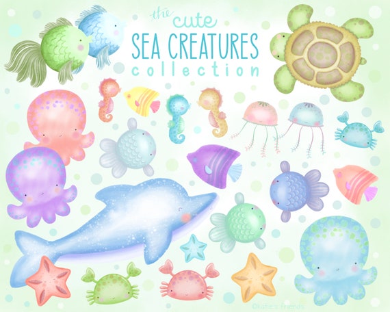 Sea Creatures Clipart Watercolor Sea Animals Under the Sea | Etsy