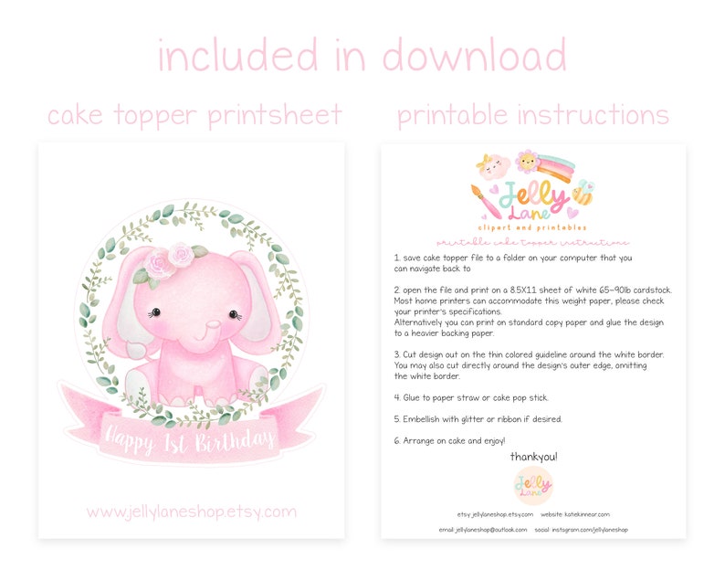 Printable Pink Elephant Cake Topper, Safari Birthday for Girl, Baby ...