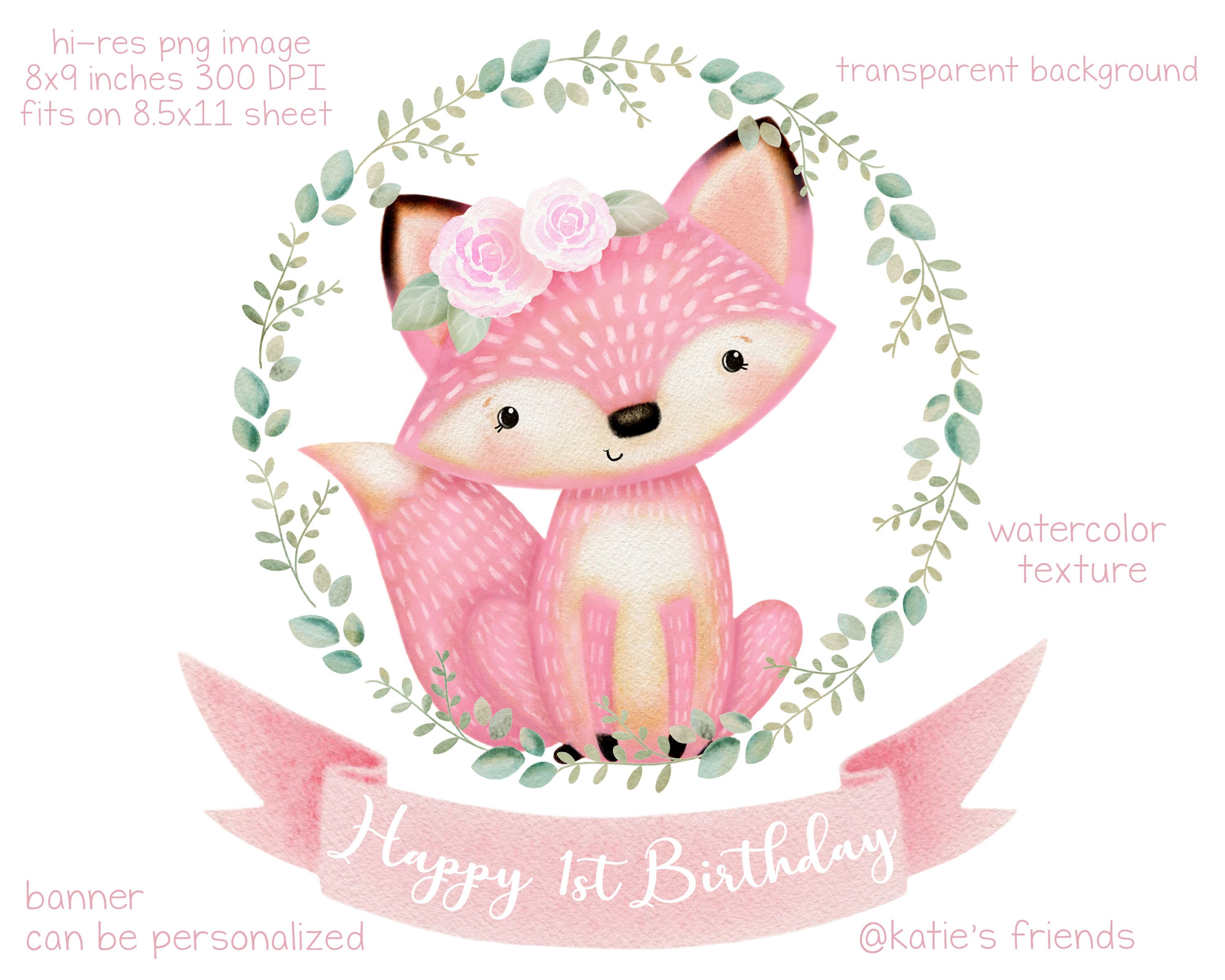 Pink Fox PNG, Woodland Fox Sublimation Design, Baby's 1st Birthday ...