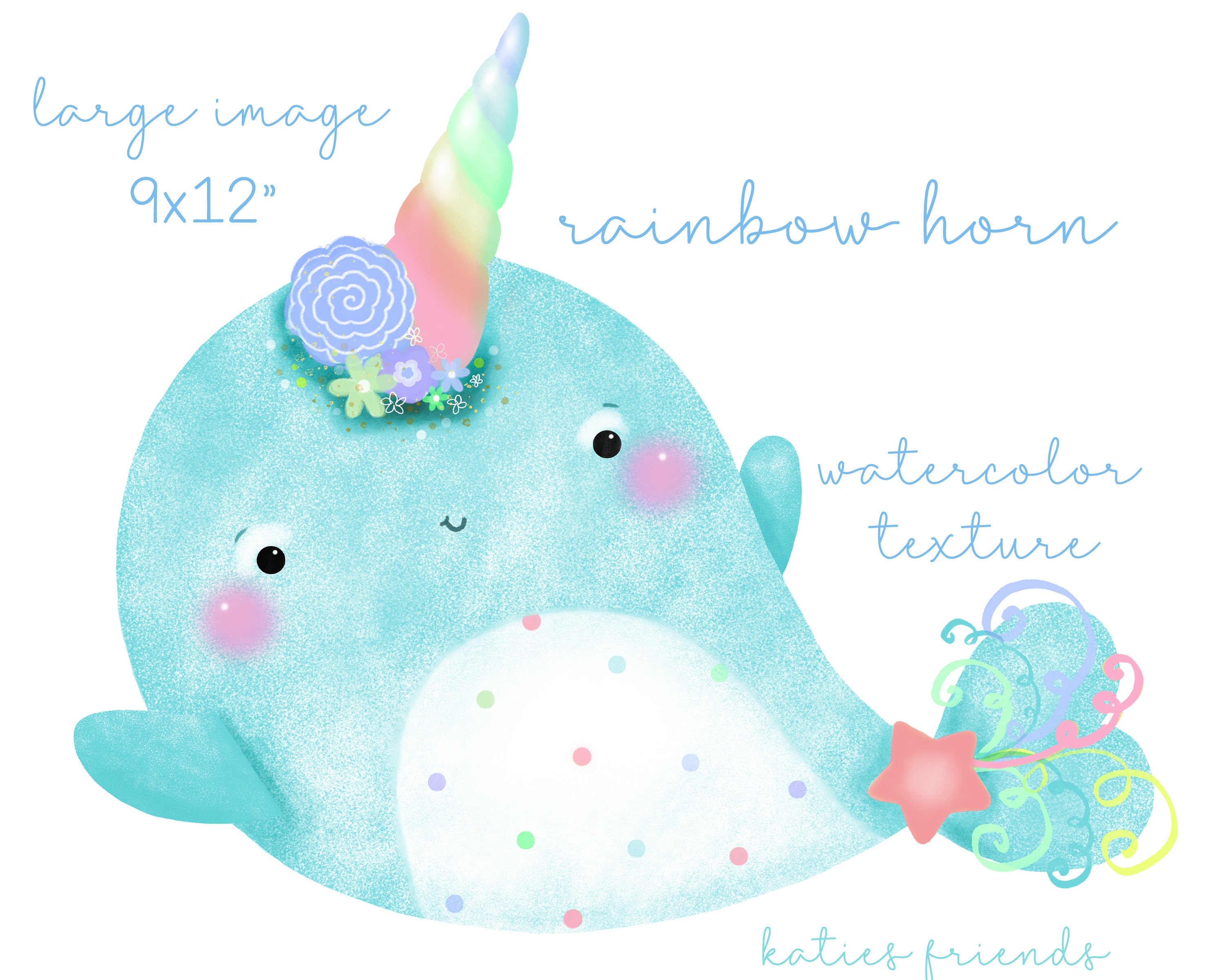 Rainbow Narwhal Clipart, Cute Narwhal Illustrations, Watercolor Sea ...