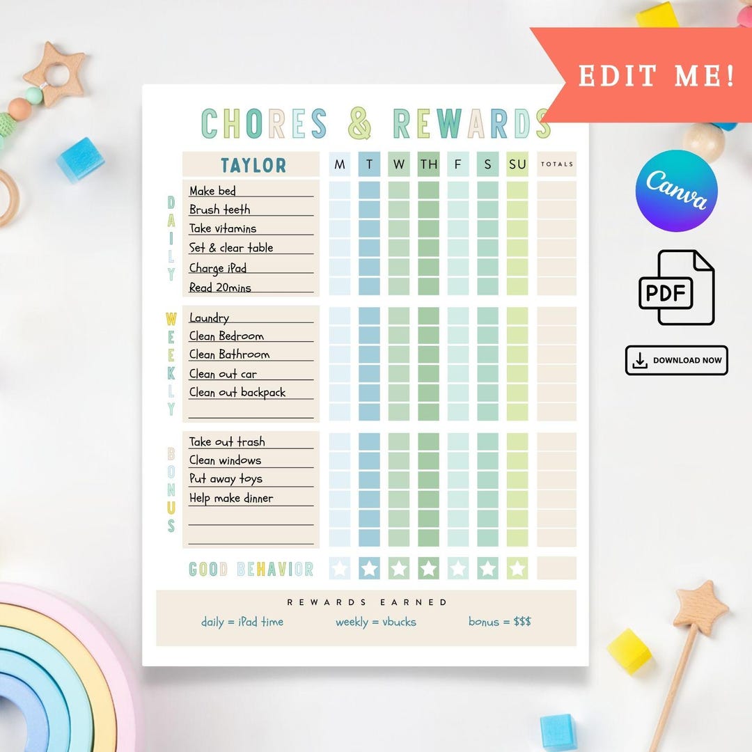 Chore Chart for Kids, Editable Daily and Weekly Kid Chore Chart, Bonus ...