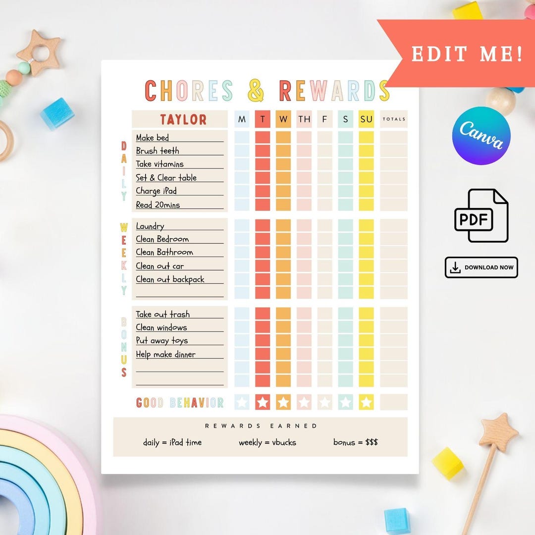 Chore Chart for Kids, Editable Daily and Weekly Kid Chore Chart, Bonus ...