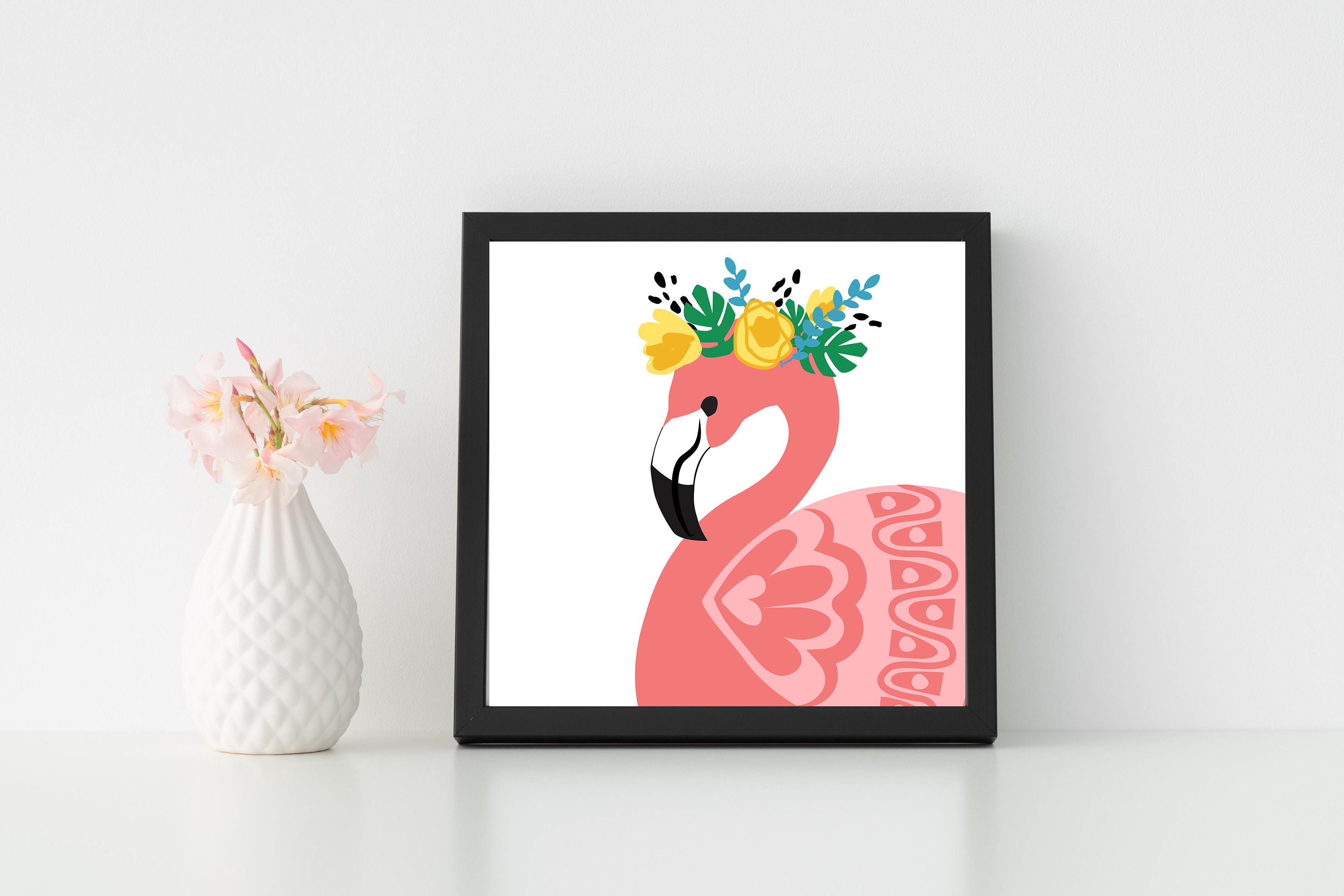 Flamingo Boho Wall Art, DIGITAL DOWNLOAD, Flower Crown, Tropical Pink ...