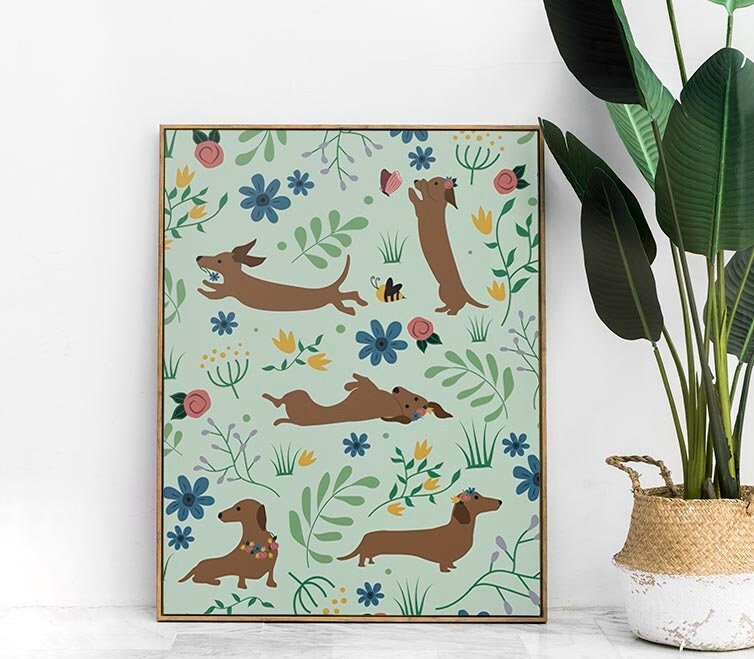 Cute Dachshund Printable Wall Art, Flower Crown Weiner Dogs, Digital ...