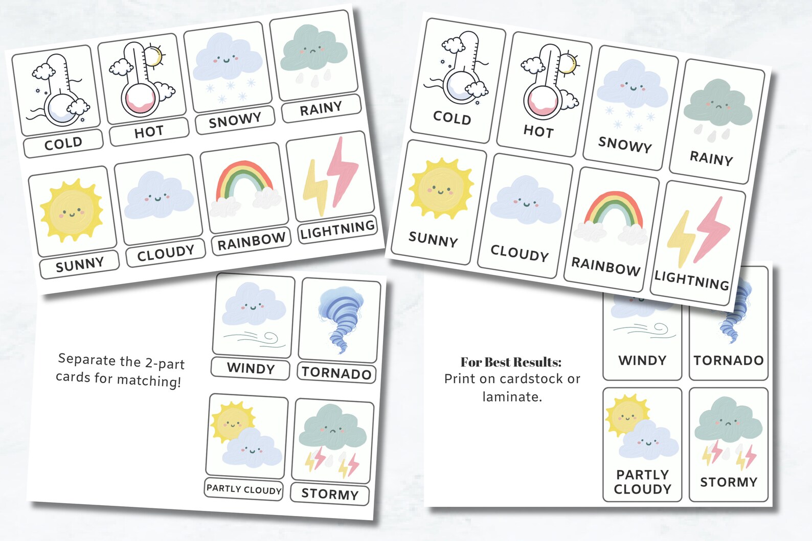 Weather Cards, Montessori Flashcards, Pre-school Cards, Rainbow ...
