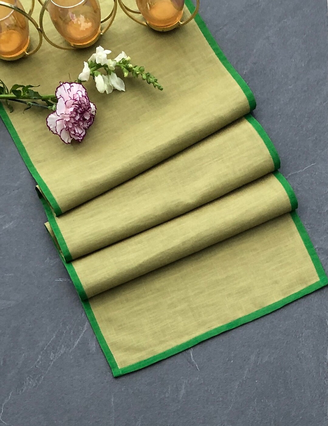 Handmade Chartreuse Linen Table Runner: Emerald Green Border - Etsy